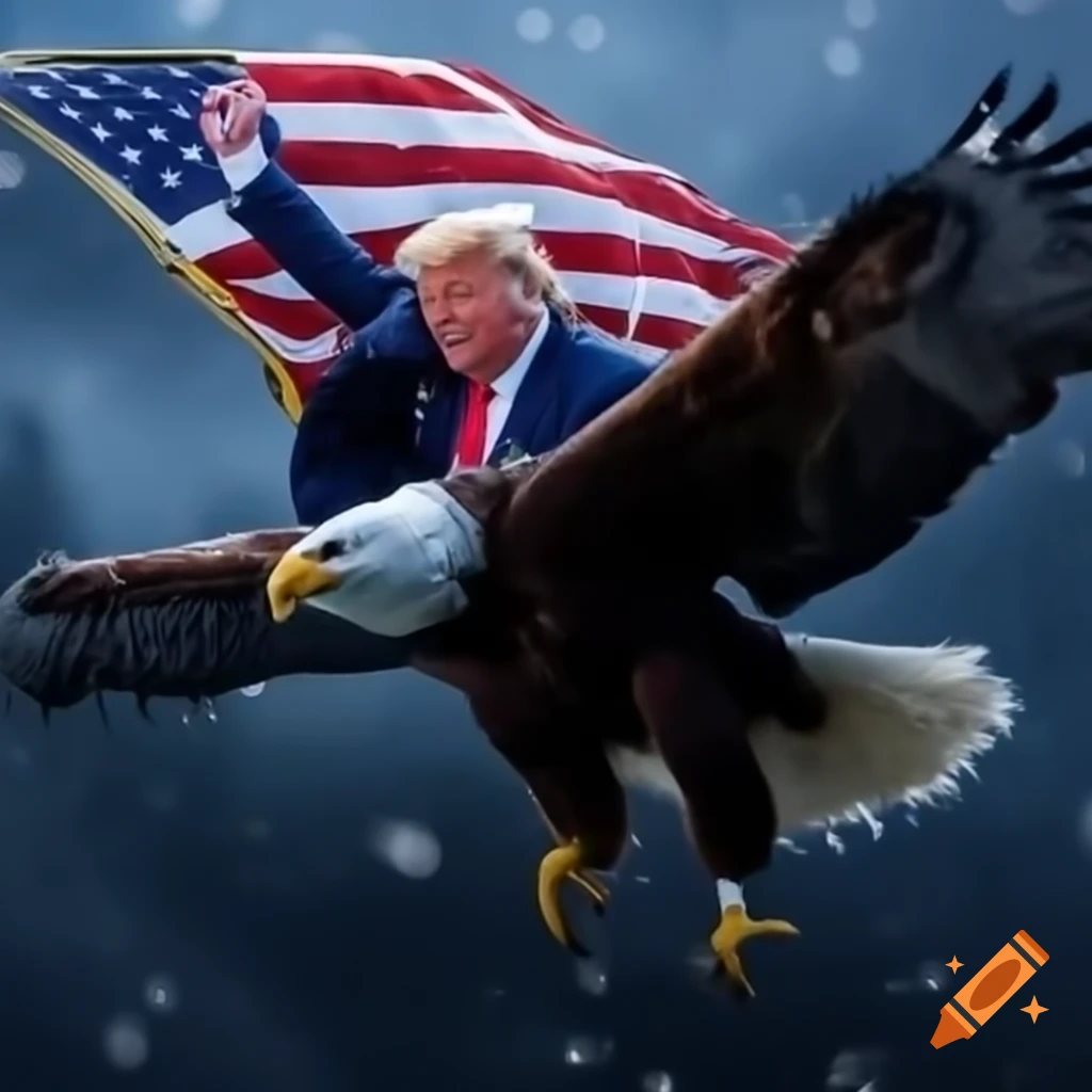Donald Trump riding eagle through snowstorm, waving American flag on ...