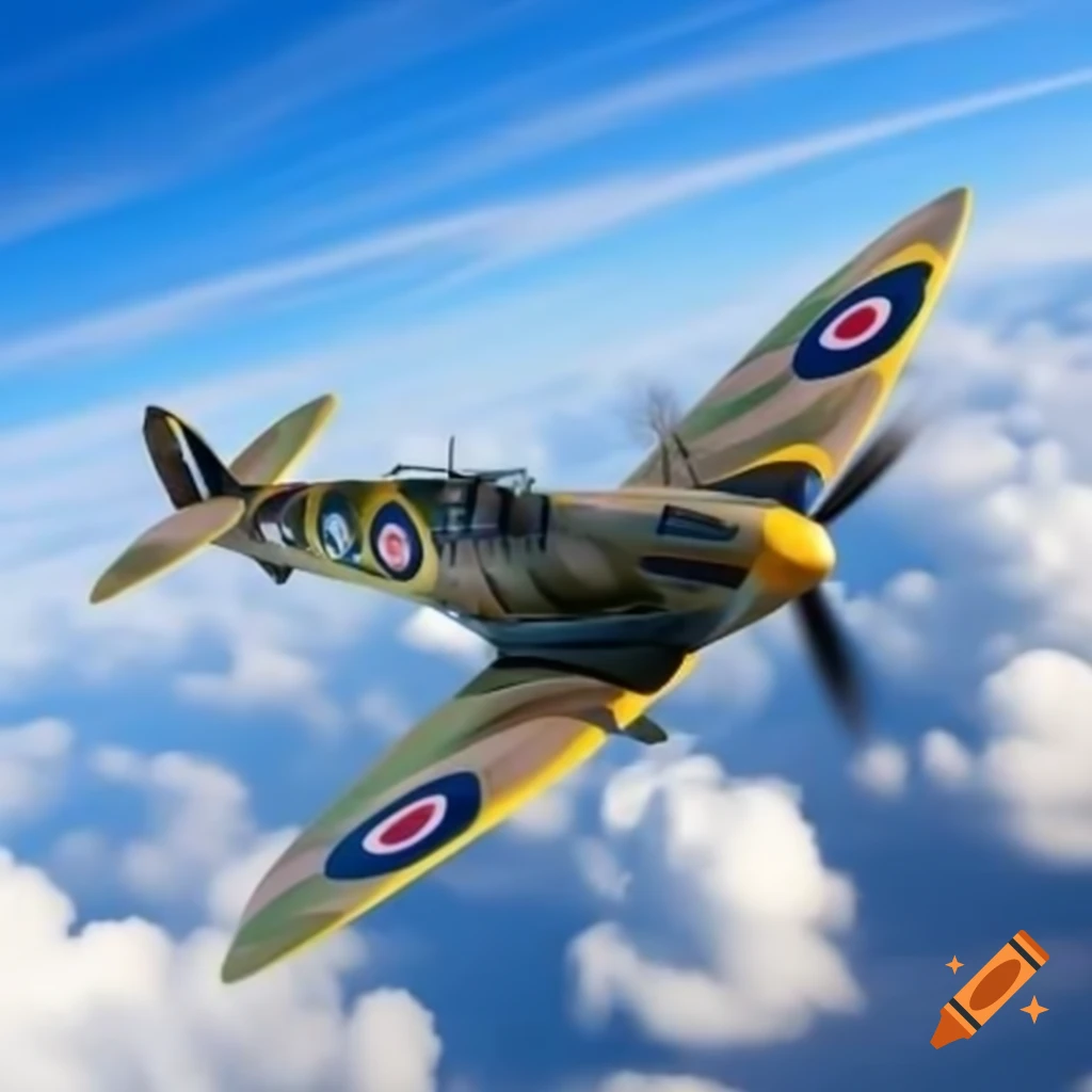 Spitfire aircraft flying in a vast blue sky on Craiyon