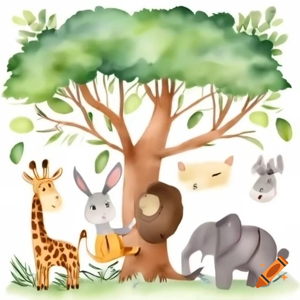 Rabbit sitting under marula tree with various animals in forest on Craiyon