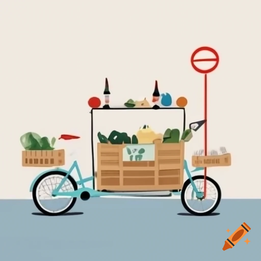 Minimalist illustration of a cargo bike filled with fresh produce and ...