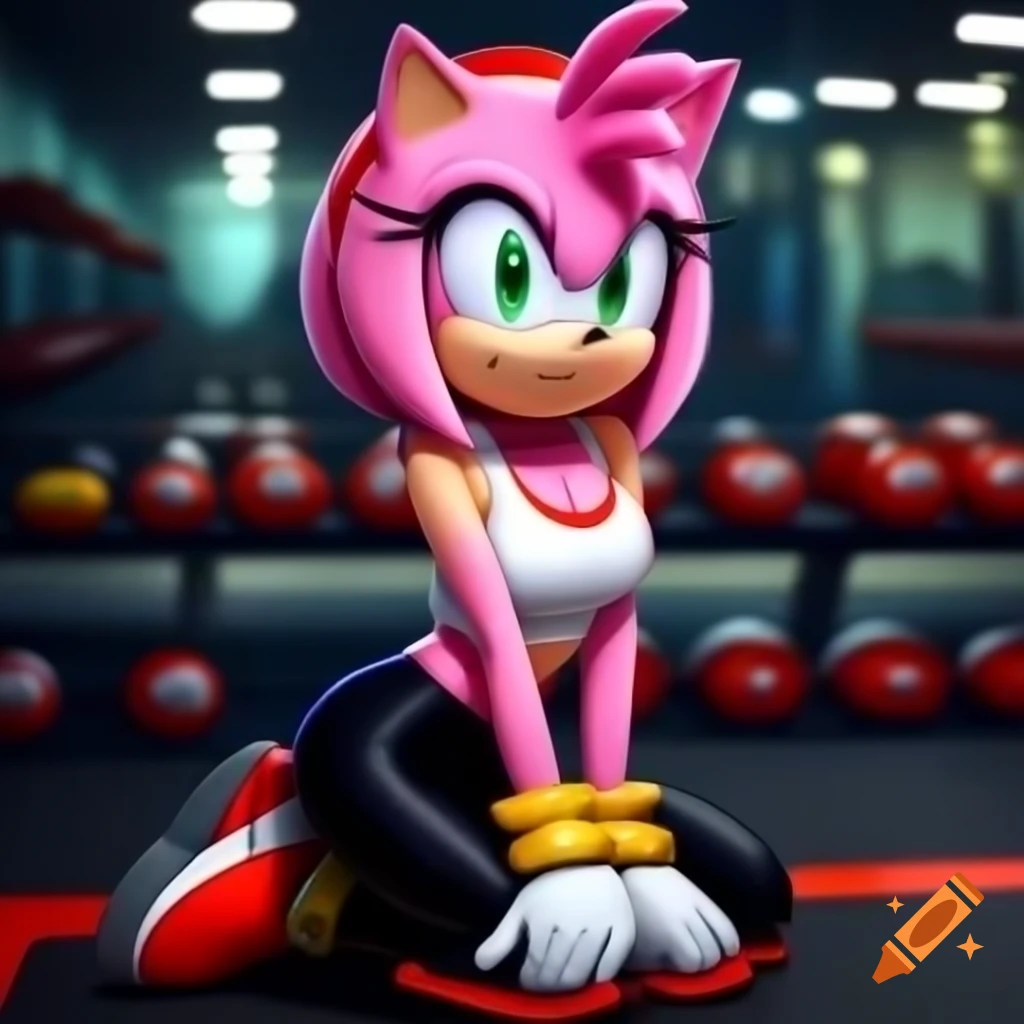 Amy rose from sonic the hedgehog sitting in gym attire on Craiyon