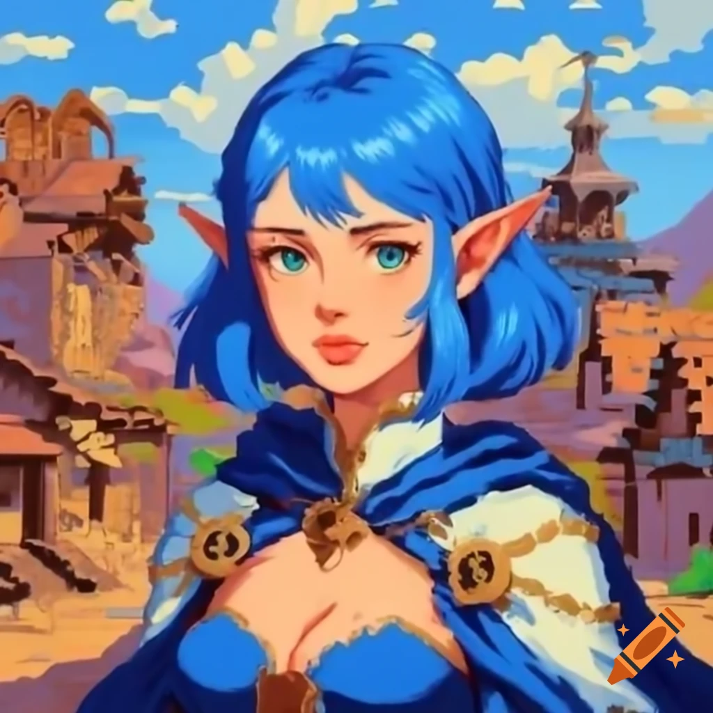 Retro impressionist pixelart portrait of blue-haired demi-elf in nomad village on Craiyon