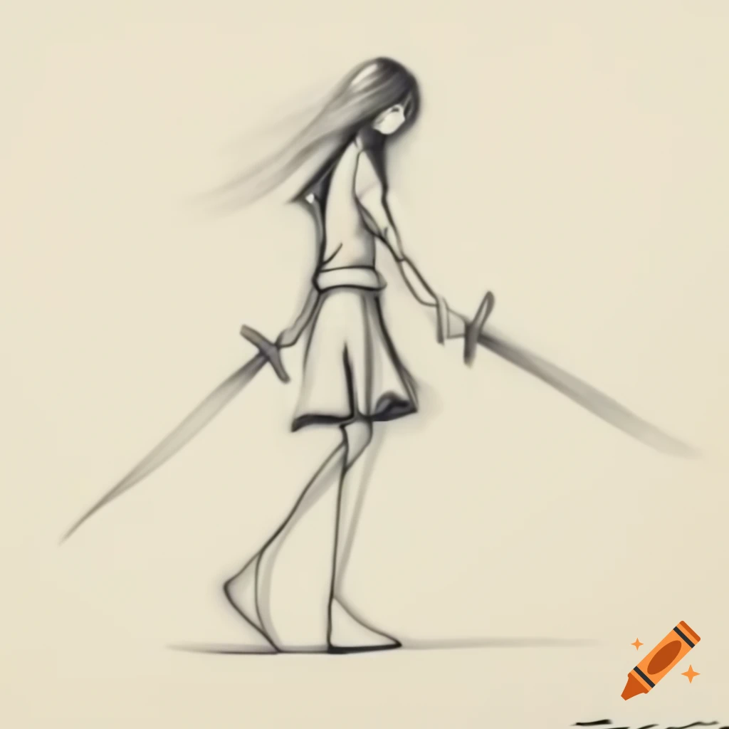 2D faceless girl made of scribbles holding sword, walking to the right ...