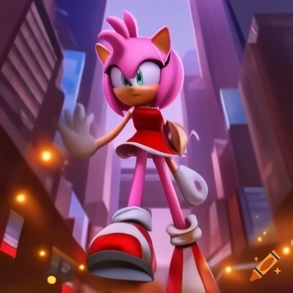 Giant amy rose towering over city in comic book style, sonic the hedgehog on Craiyon