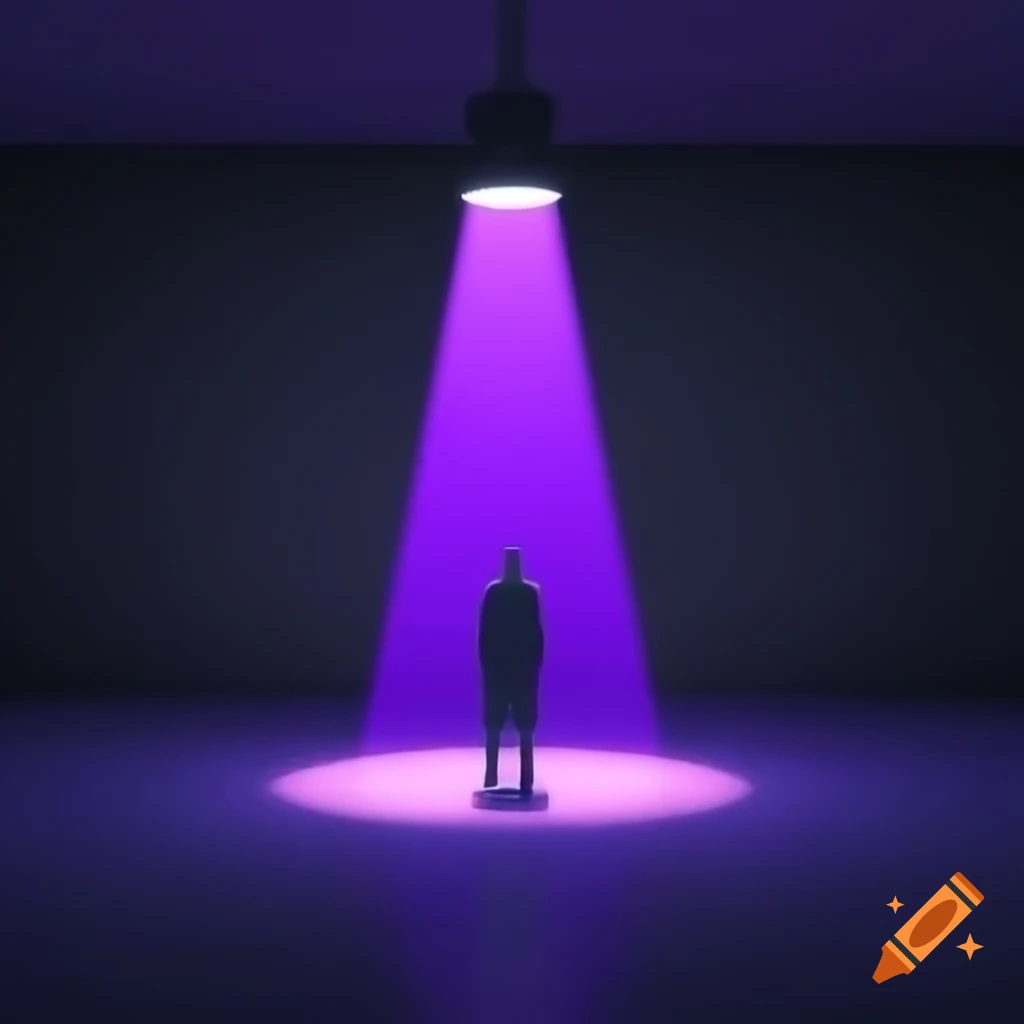 Figure illuminated by purple light in dark room on Craiyon