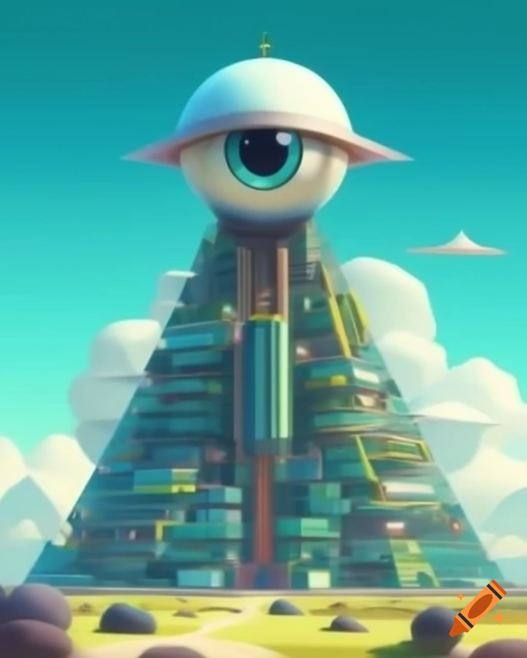 High-tech pyramid with eye on top in cartoon style on Craiyon