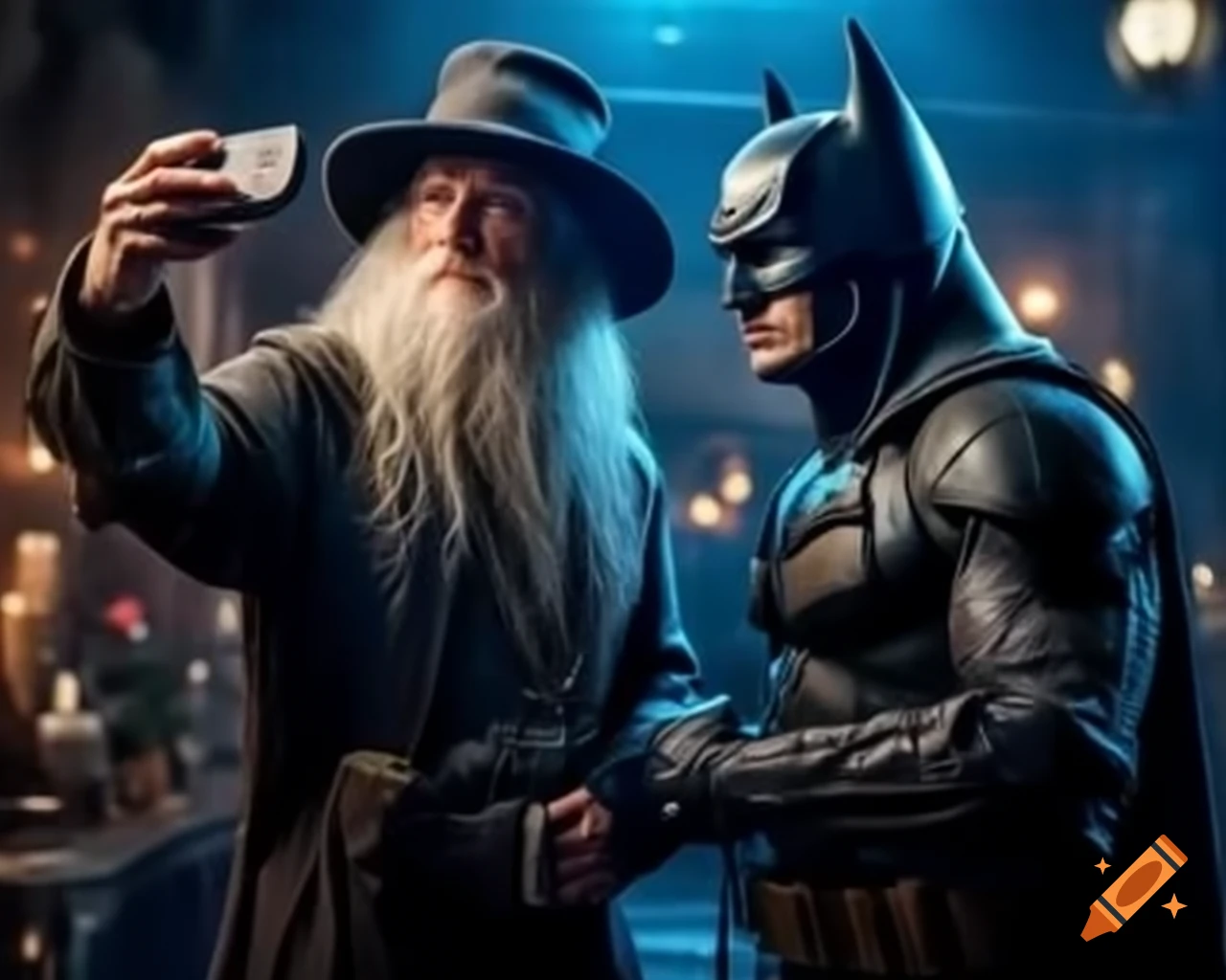 Gandalf and Batman posing for a selfie in a nightclub on Craiyon