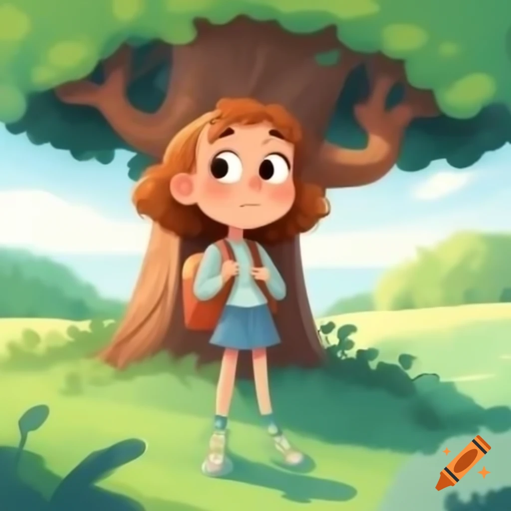 Cartoon image of a girl standing in front of a tree on Craiyon