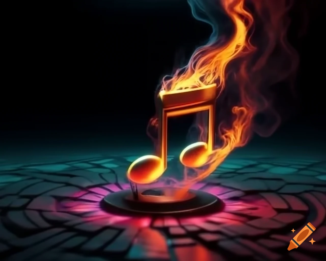 Vaporwave music notes and flames design on Craiyon