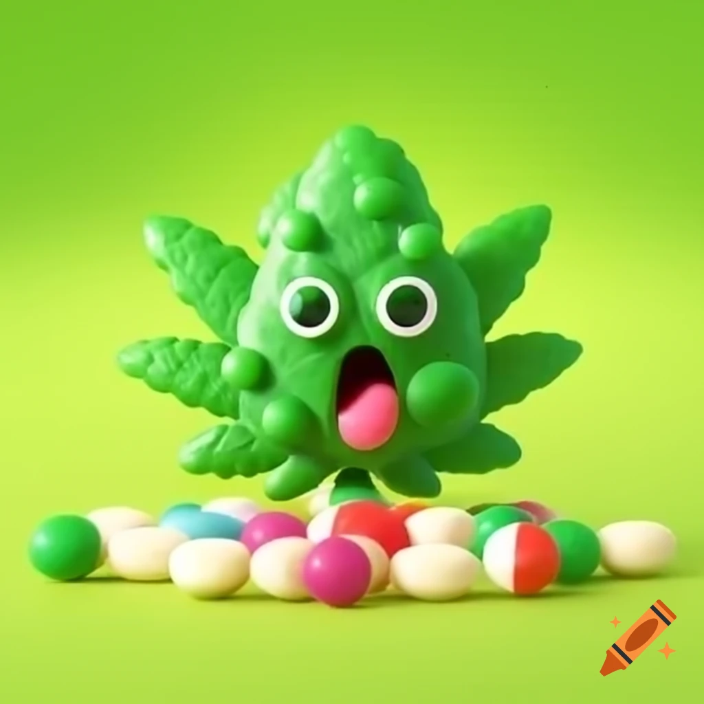 Cartoon weed plant enjoying skittles candy on Craiyon