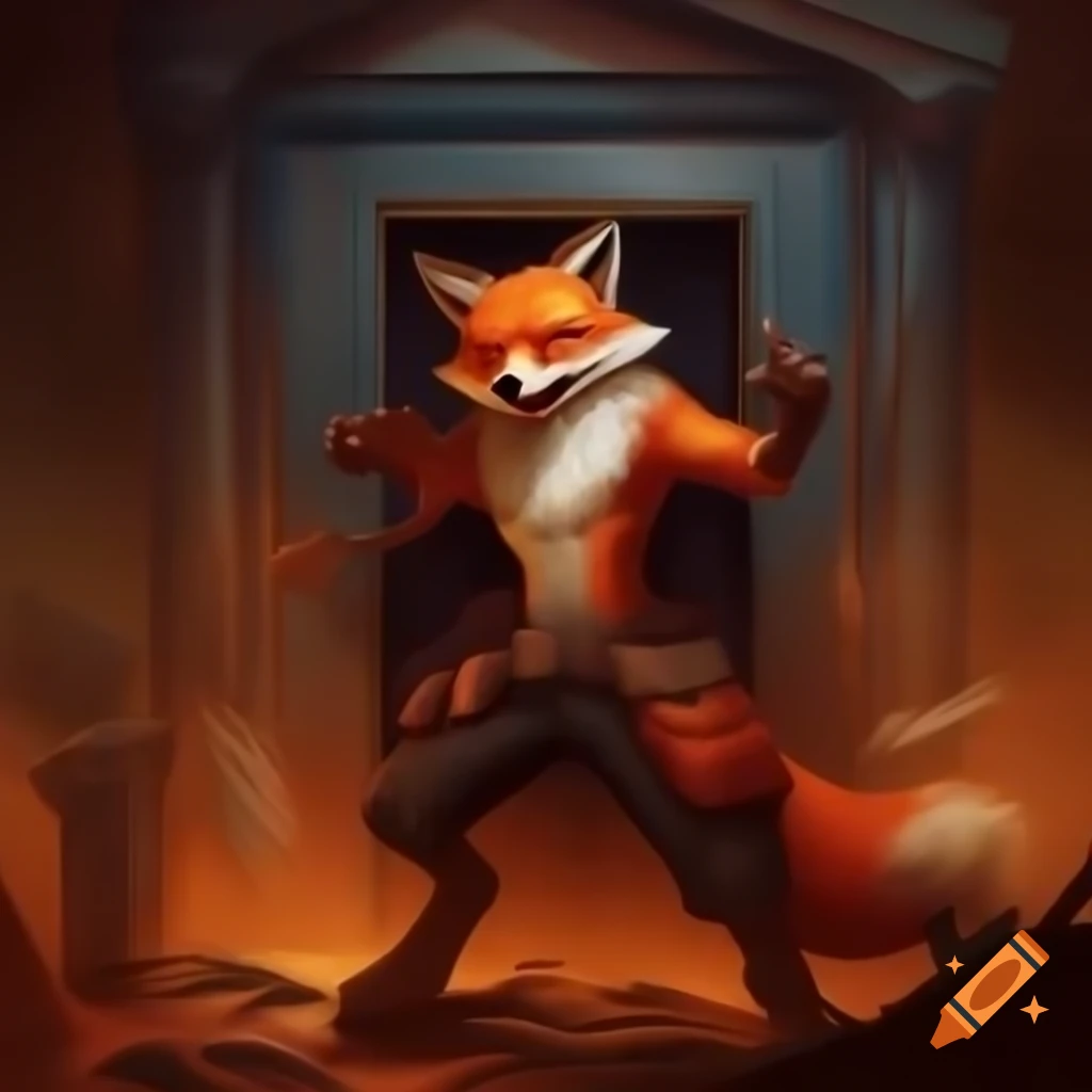 Energetic anthro fox in symbolic door in wasteland, dramatic gouache ...