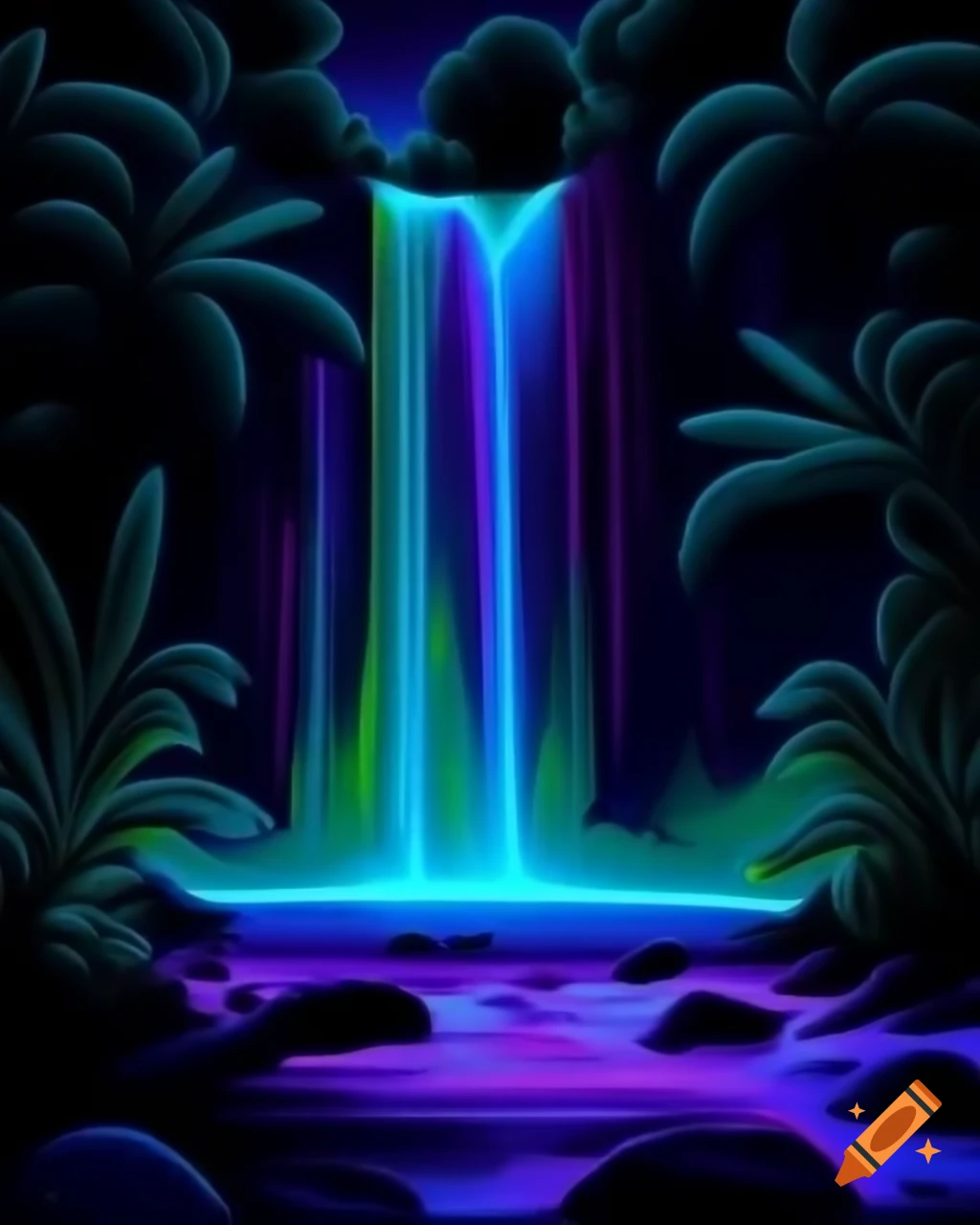 Neon-colored tropical waterfall on Craiyon