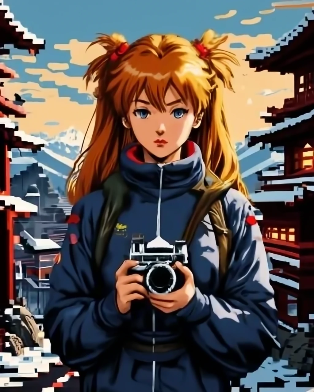 Asuka Langley cosplay actress with Polaroid camera in snowy Japanese ...