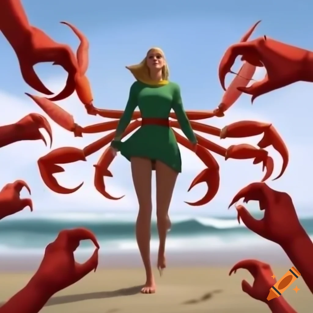 Superhero woman with crab claws protecting beach from villains on Craiyon