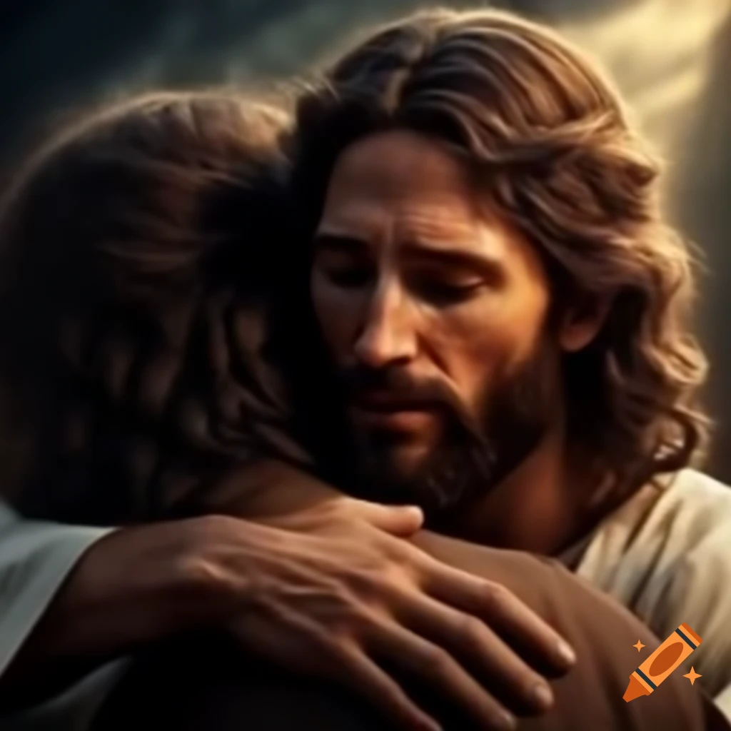 Emotional scene of hugging Jesus on Craiyon