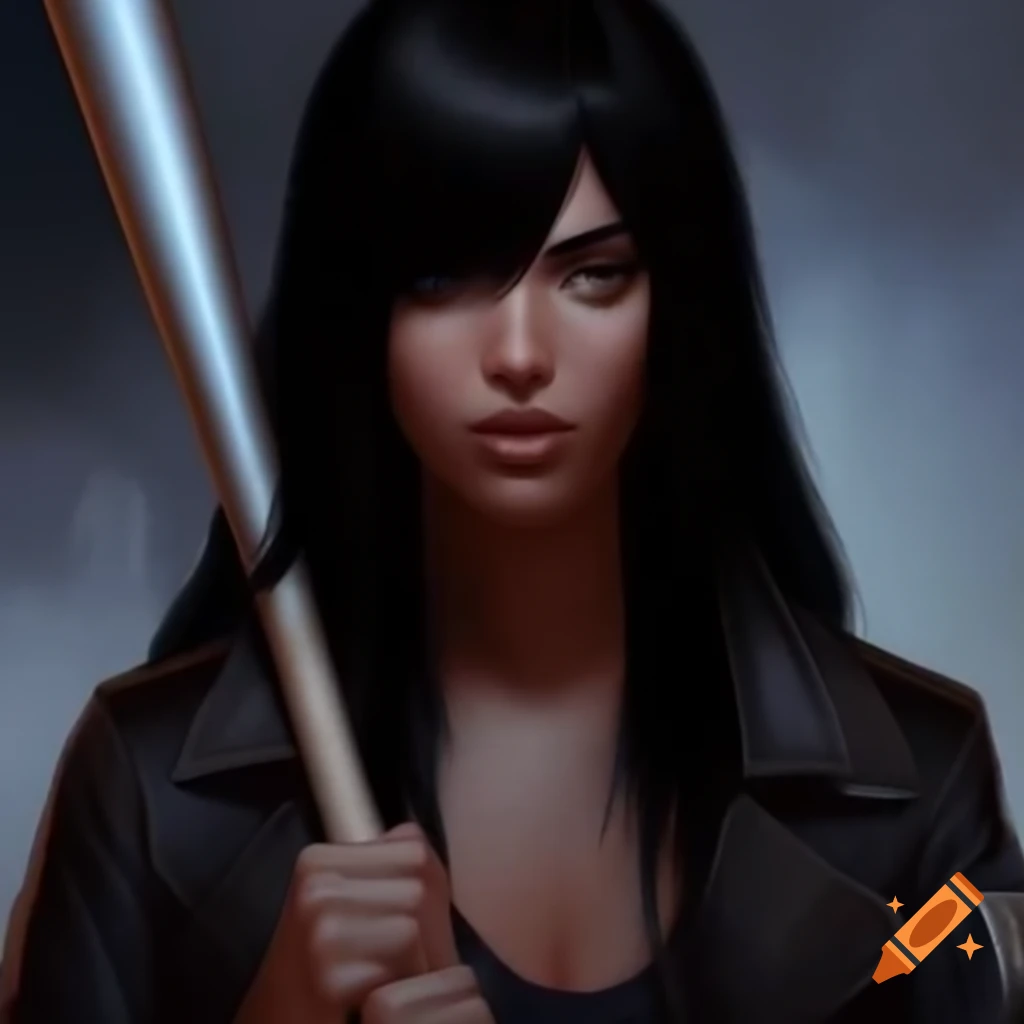 Strong Italian woman in leather jacket holding baseball bat, scowling ...