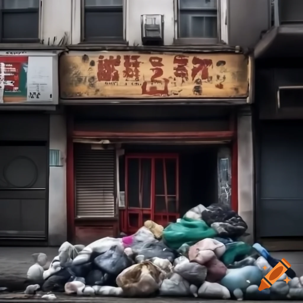 Chinatown storefront with garbage on the street on Craiyon