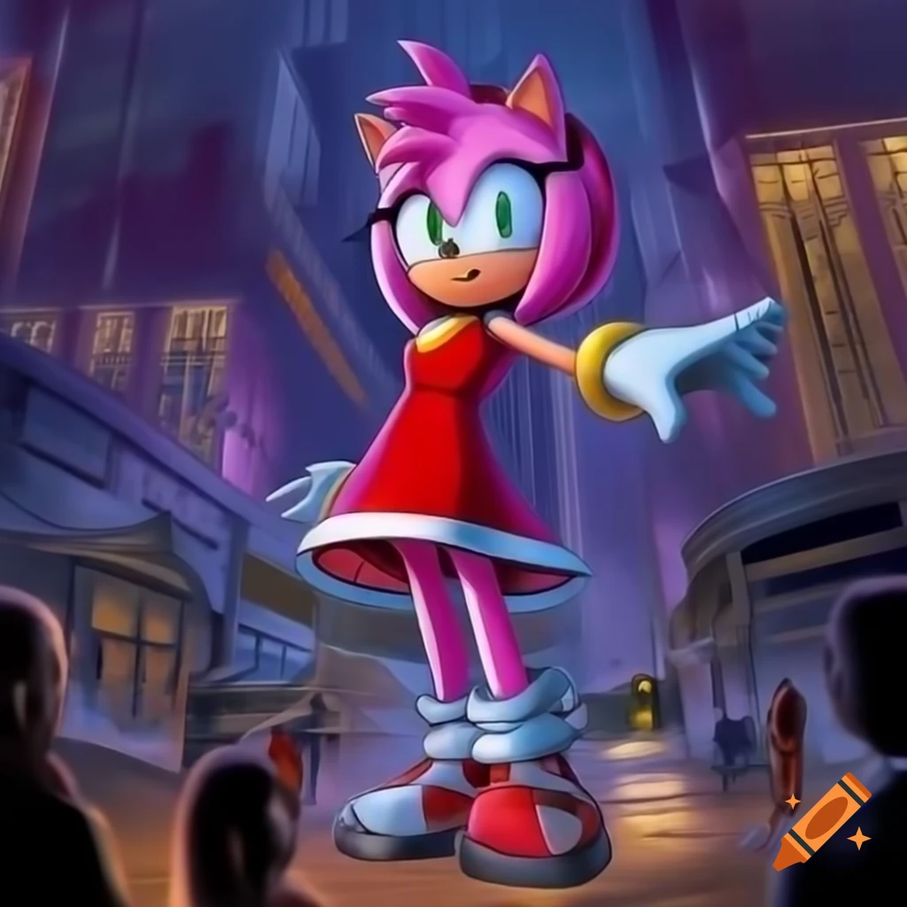 Giant amy rose towering over city in comic book style, sonic the hedgehog on Craiyon