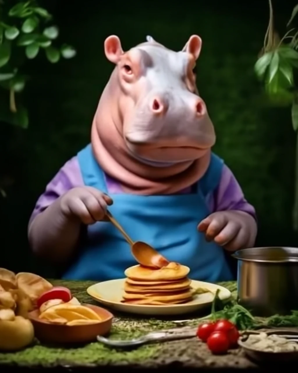 Anthropomorphic hippo in Cinderella dress cooking pancakes in mossy ...