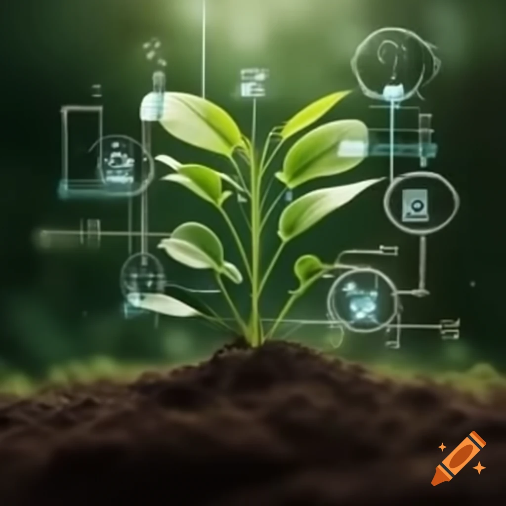Plant growing with technological elements, symbolizing nature and ...