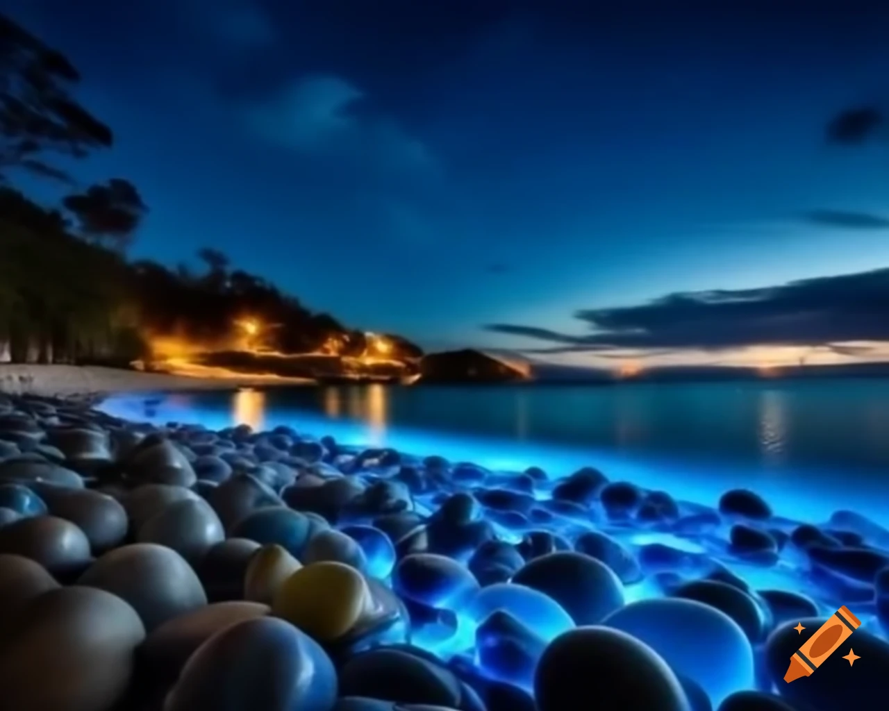 Crystal clear beach in Australia at night with luminous stones and ...