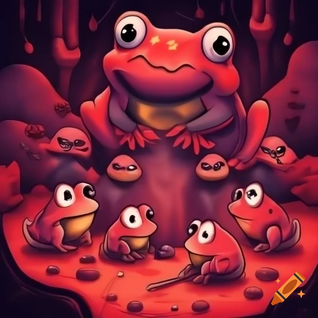 Cute devil horned frogs in anime style with red and purple hell scenery ...