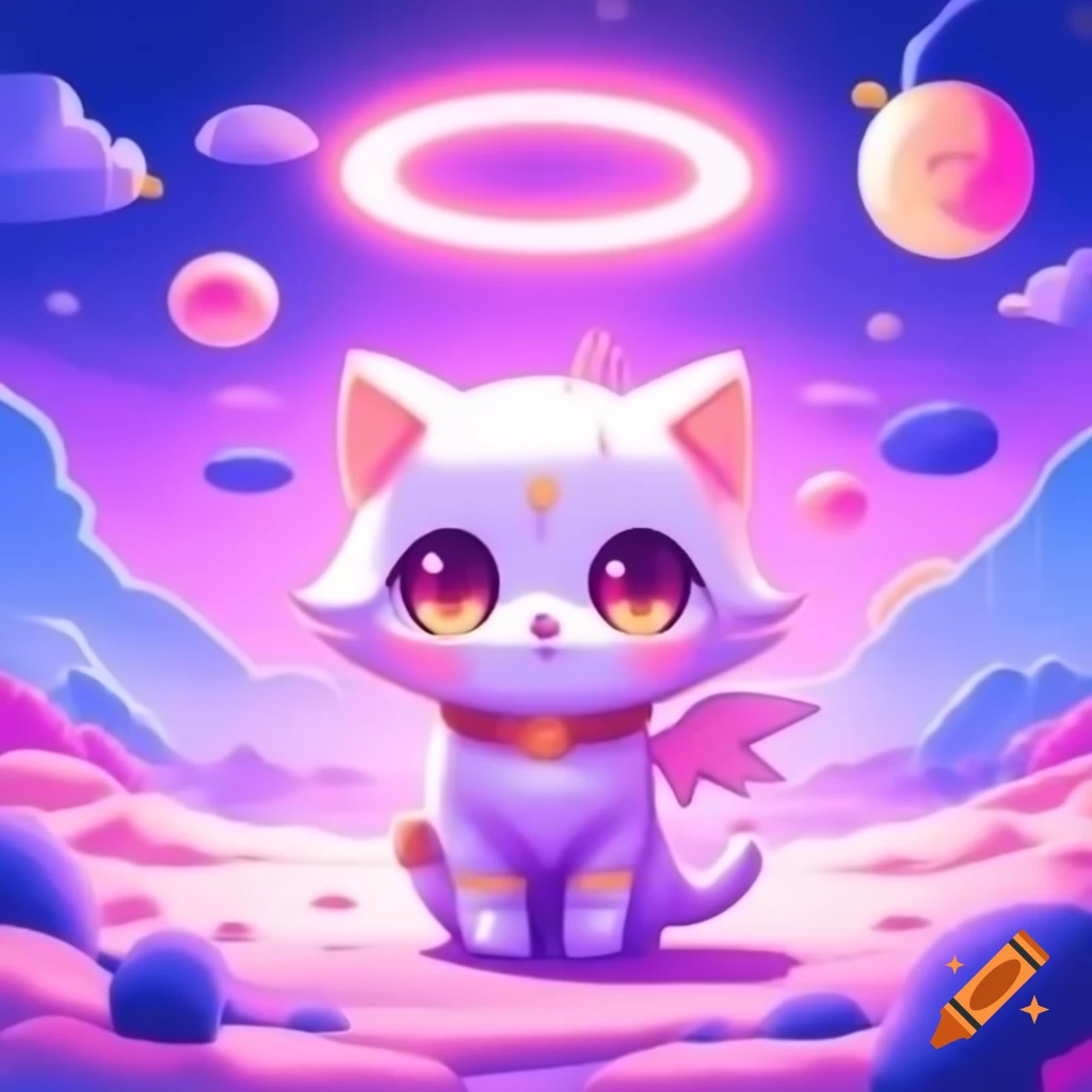Cute angel kitten in anime style in pink and purple themed heaven on ...