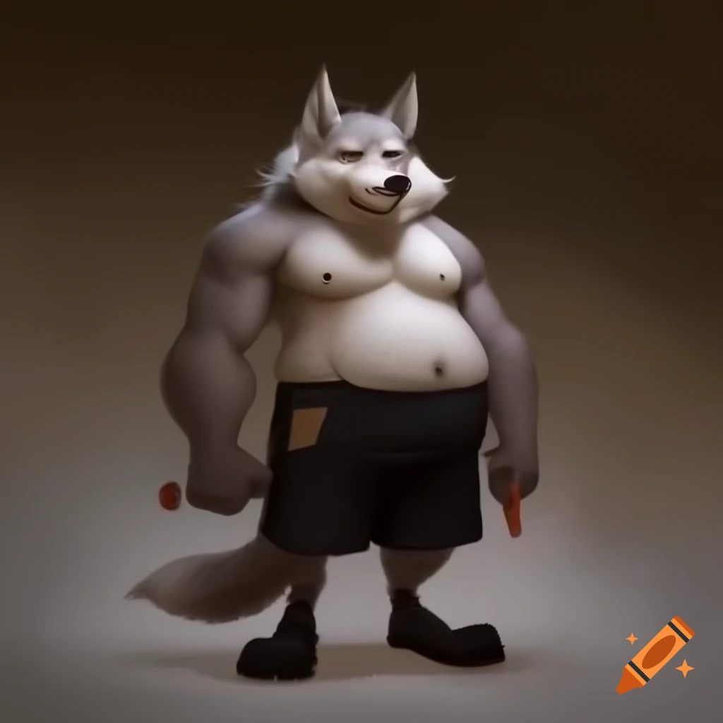 Anthropomorphic wolf character dressed in shorts and shoes on Craiyon
