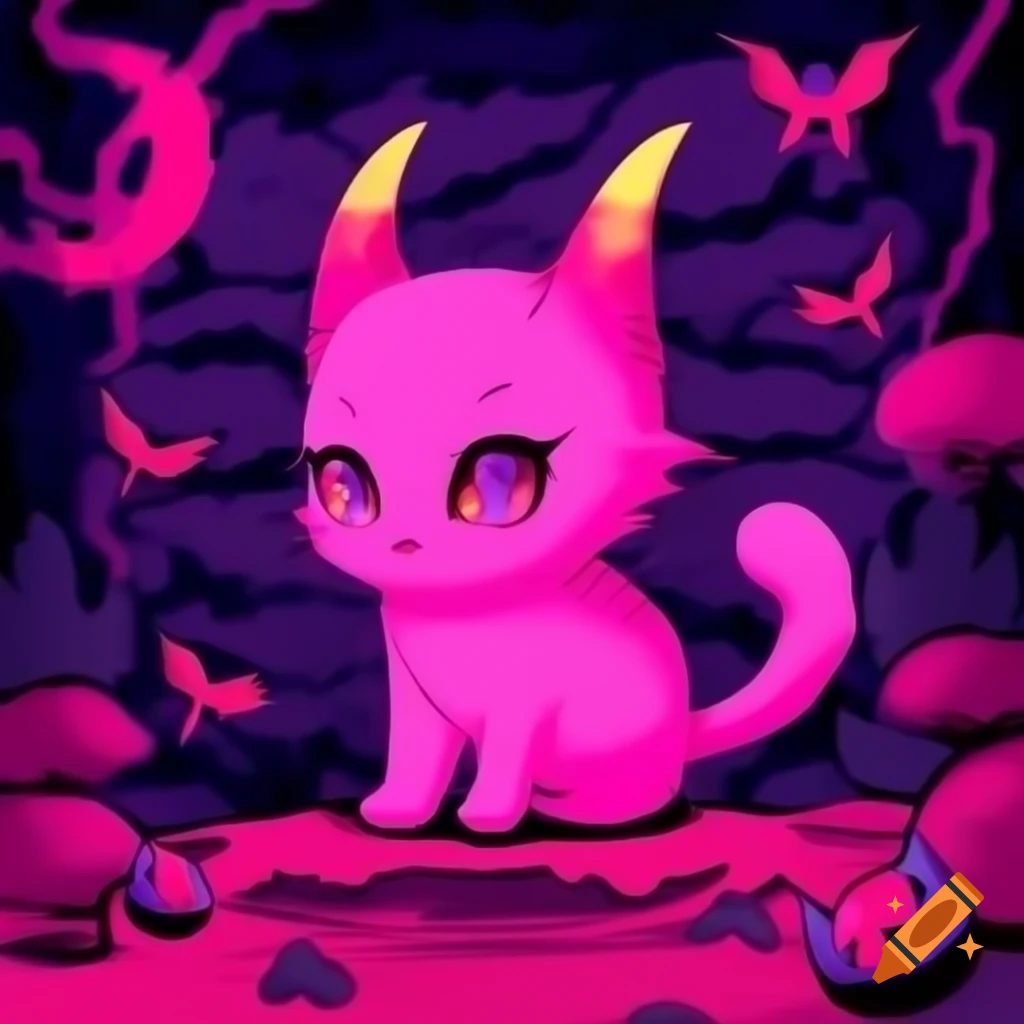 Cute devil-horned kitten in pink and purple hell scenery, anime style ...