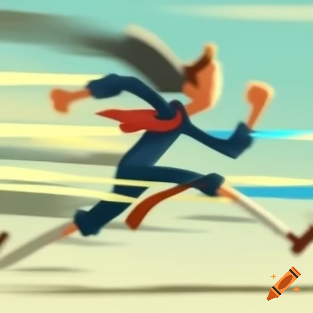 Cartoon hero running at extraordinary speed with blurred legs on Craiyon