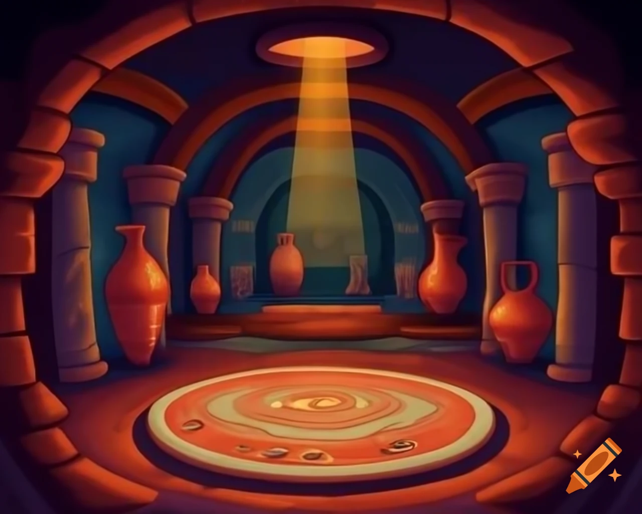 Cartoon style circular room in underground gallery with arched ceilings ...