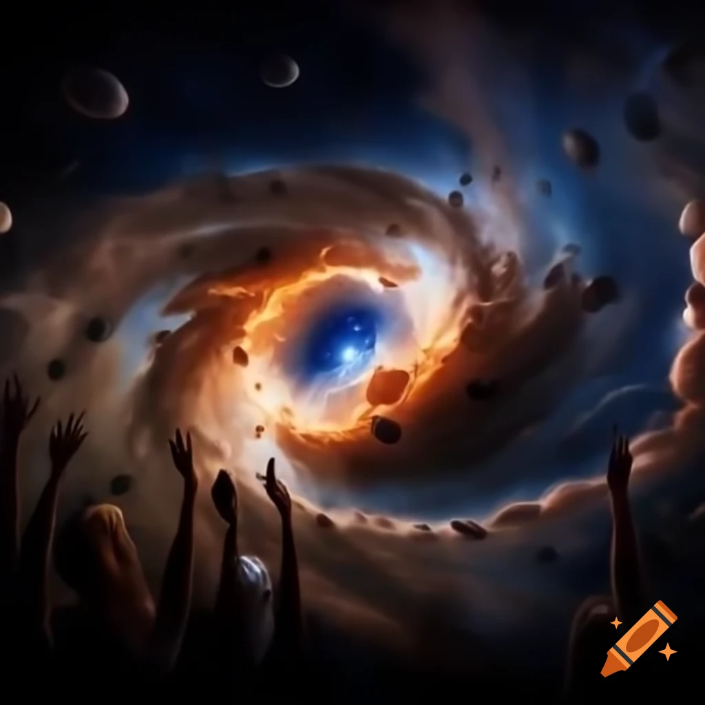 Surreal cosmic war scene featuring tension and sudden laughter leading to darkness on Craiyon