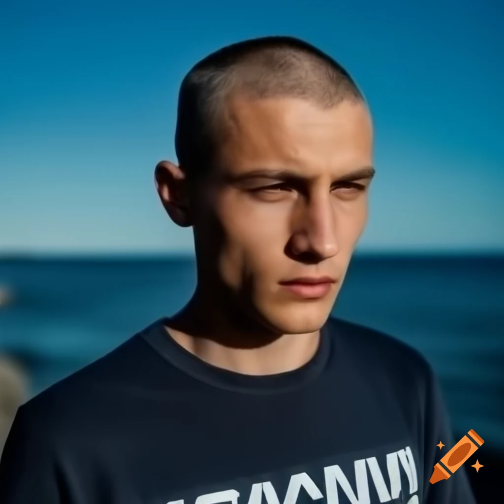 Portrait of Slavic male with shaved head in t-shirt by the sea on Craiyon