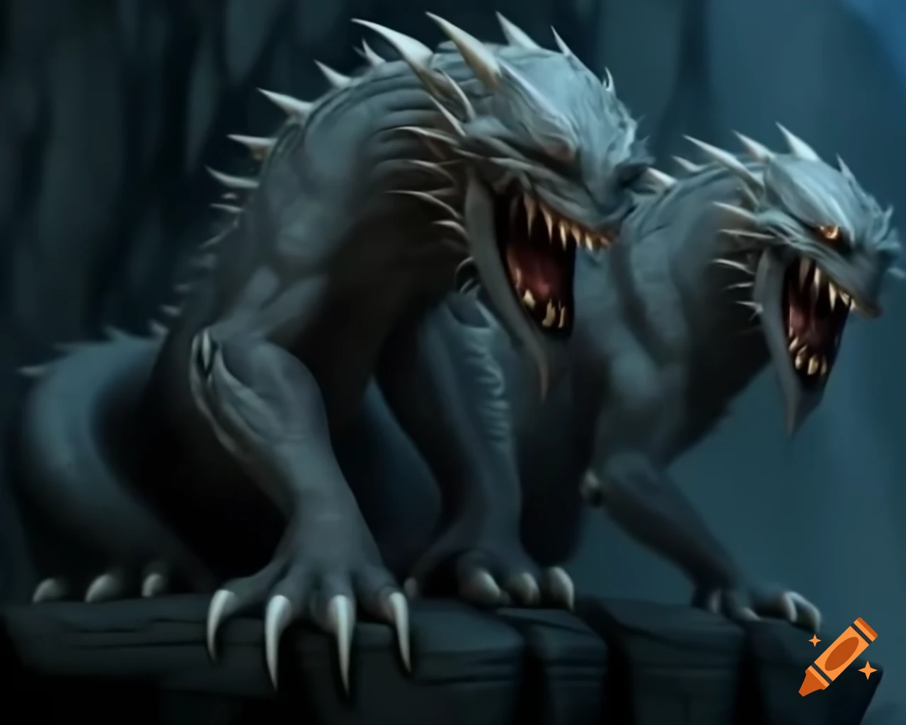 Two-headed gray serpent monster with sharp teeth and spikes on a cliff ...