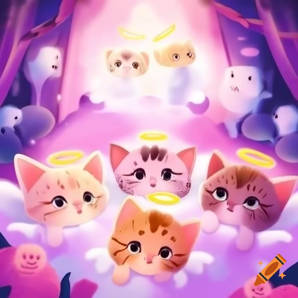 Group of cute angel kittens with wings and halos in pink and purple ...