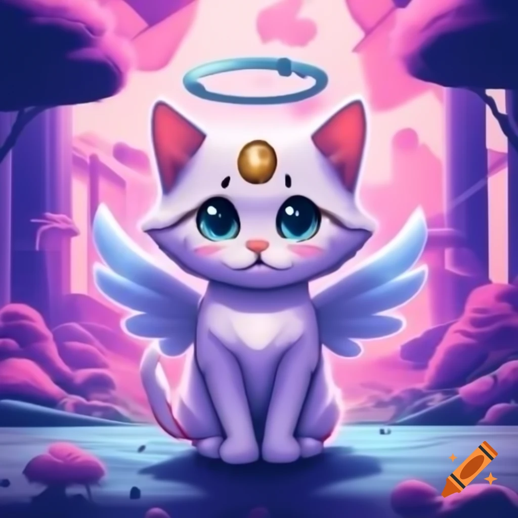 Cute angel kitten in anime style in pink and purple themed heaven on ...