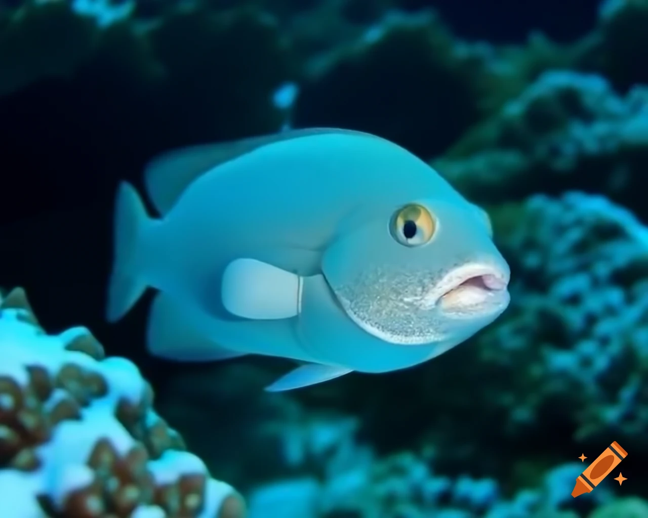 Close-up of a snow fish swimming among snow corals on Craiyon