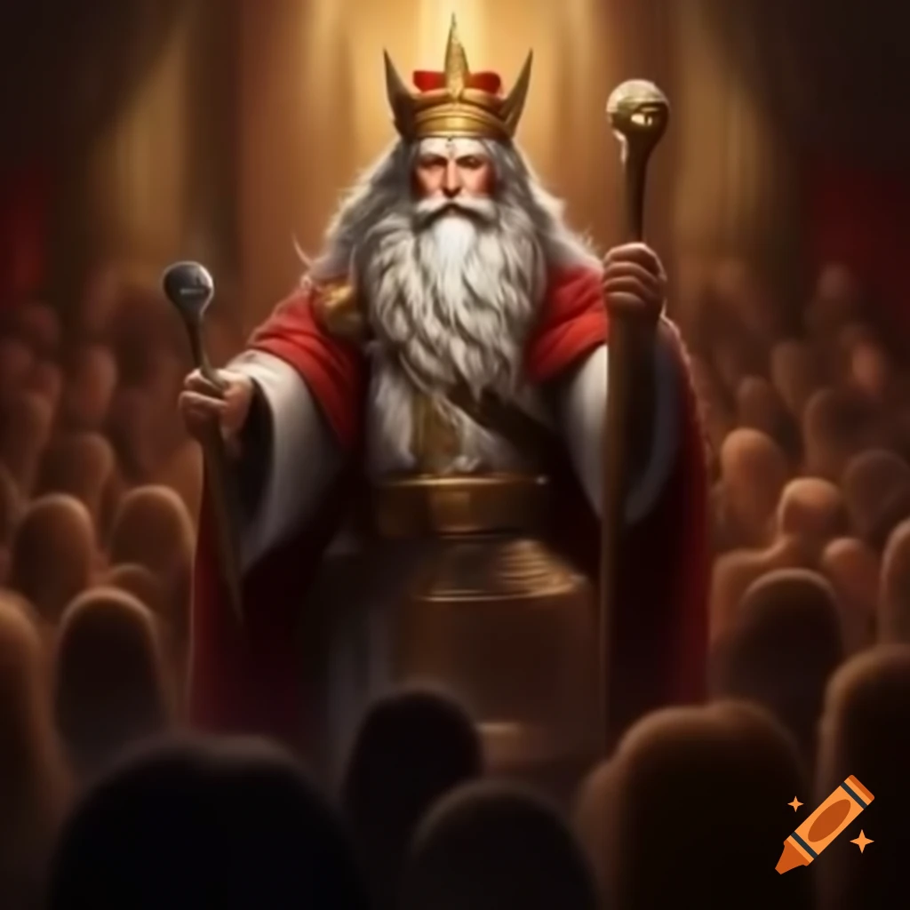 King with staff addressing crowd of people on Craiyon