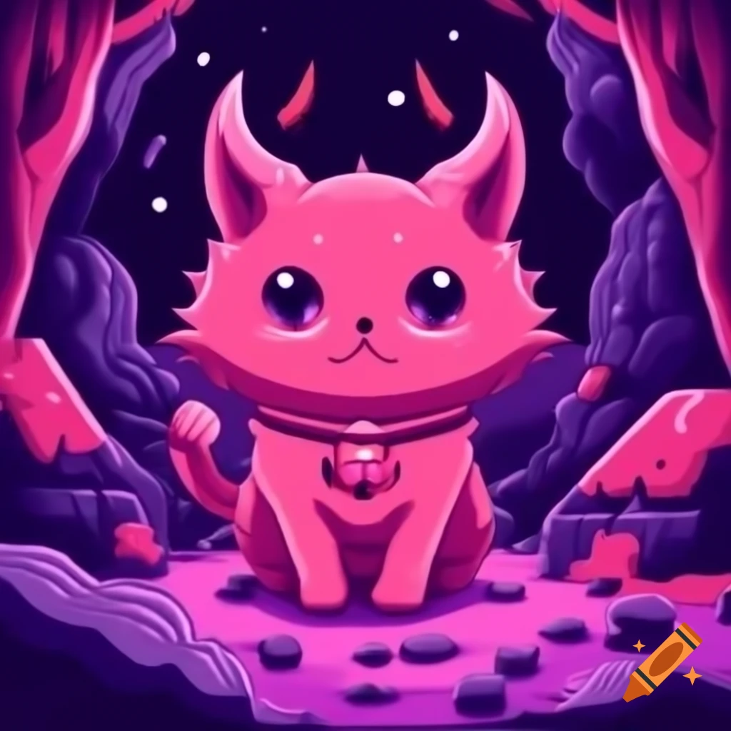 Cute devil horned kitten in colorful hell scenery, anime cartoon style ...