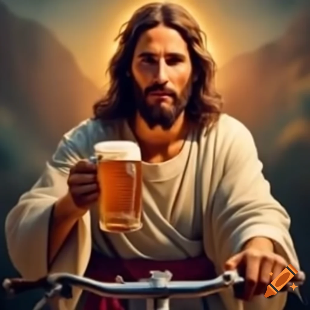 Jesus riding a bicycle while holding a beer on Craiyon