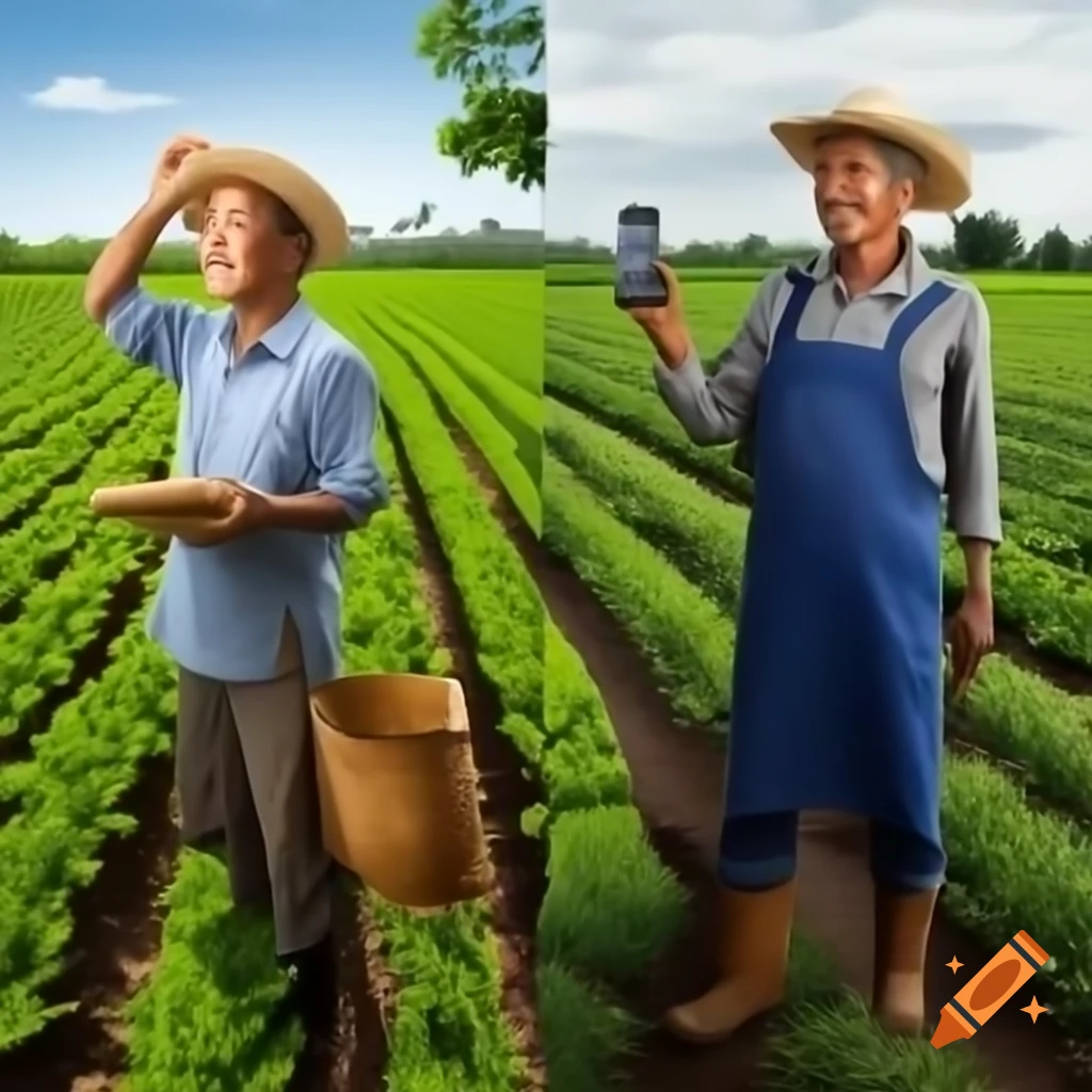 Split-screen image of two farmers in fields, older farmer using ...