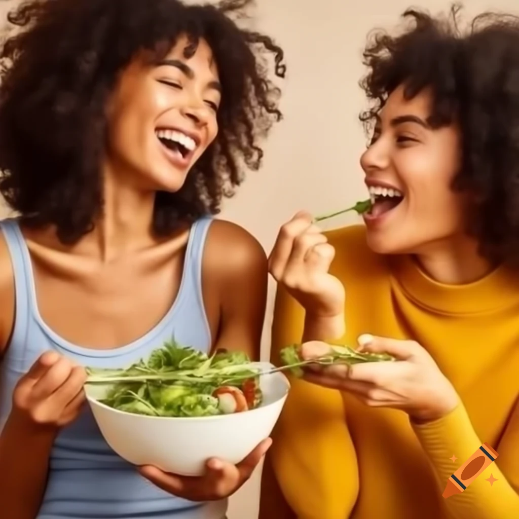 Healthy smiling women enjoying fresh salad on Craiyon