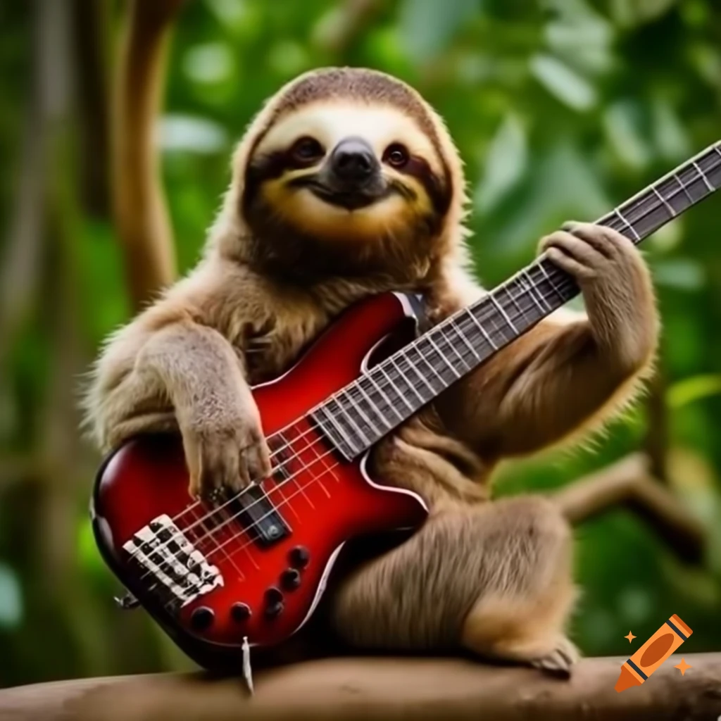 Sloth playing four-string bass guitar with colorful balloons in ...