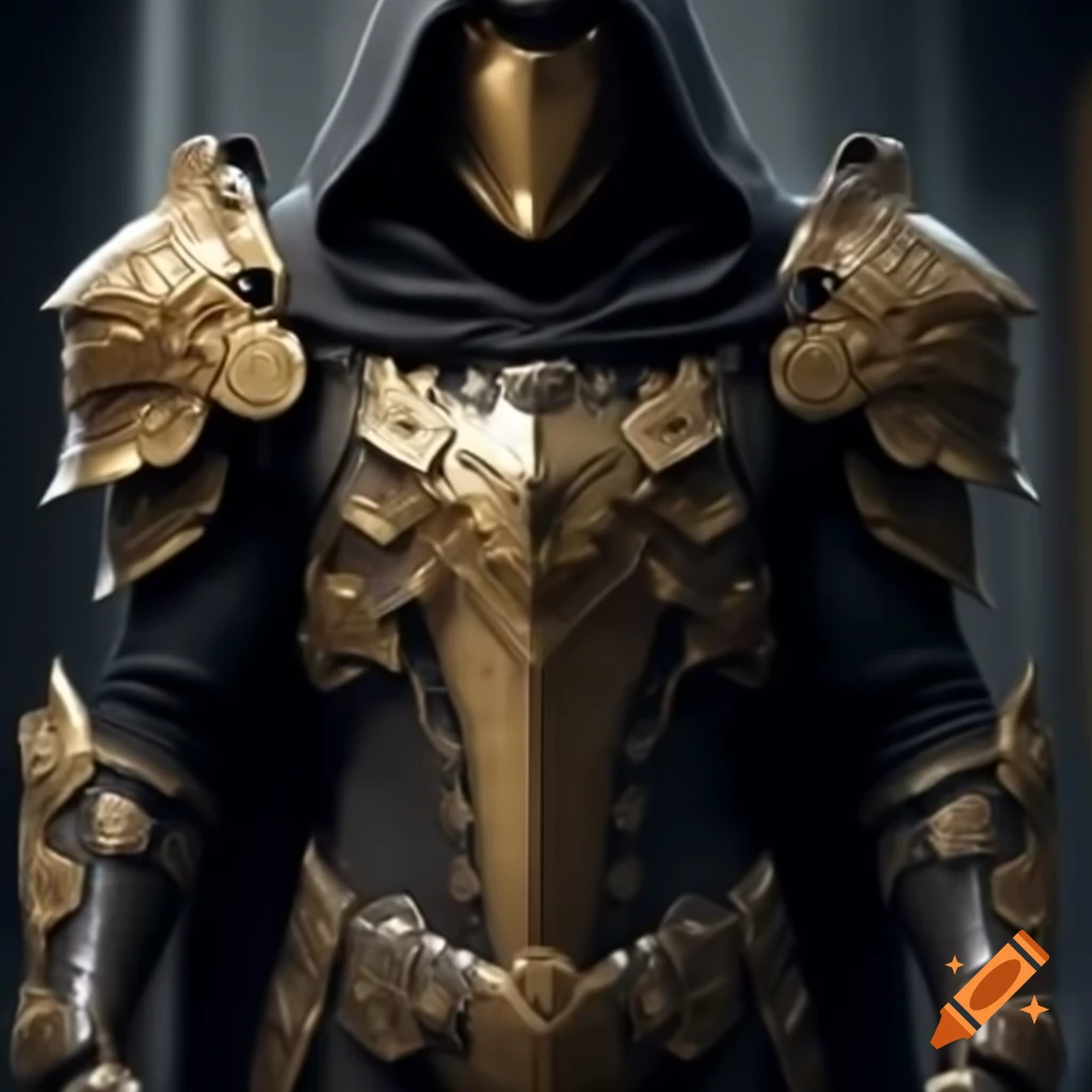 Soldier in baroque-style futuristic combat armor with gold decorations ...