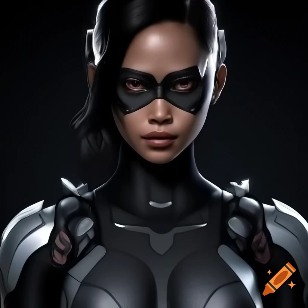 Filipina superhero Anino in high-tech black and gray stealth suit with ...
