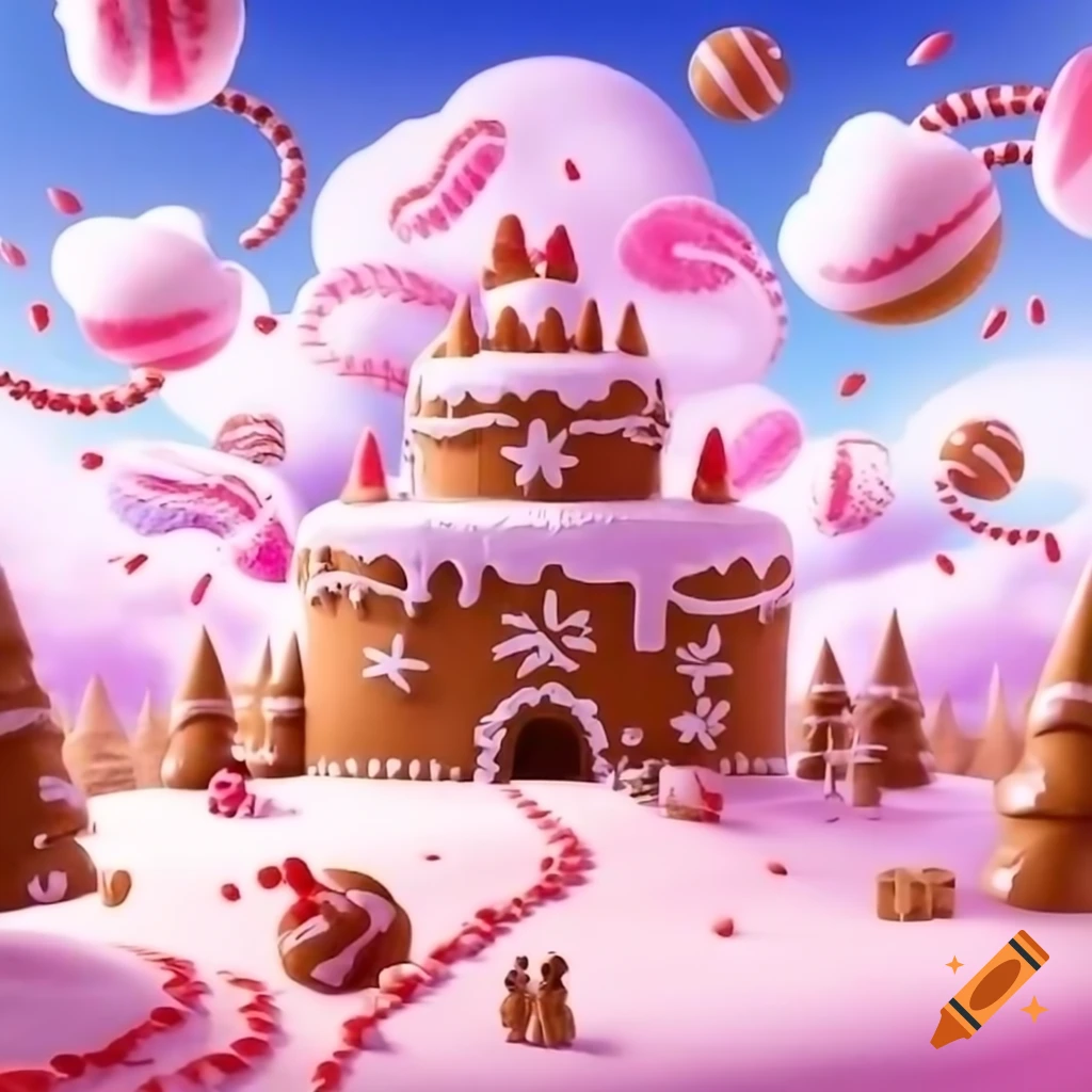 Whimsical candy land with gingerbread palace and cotton candy clouds on Craiyon