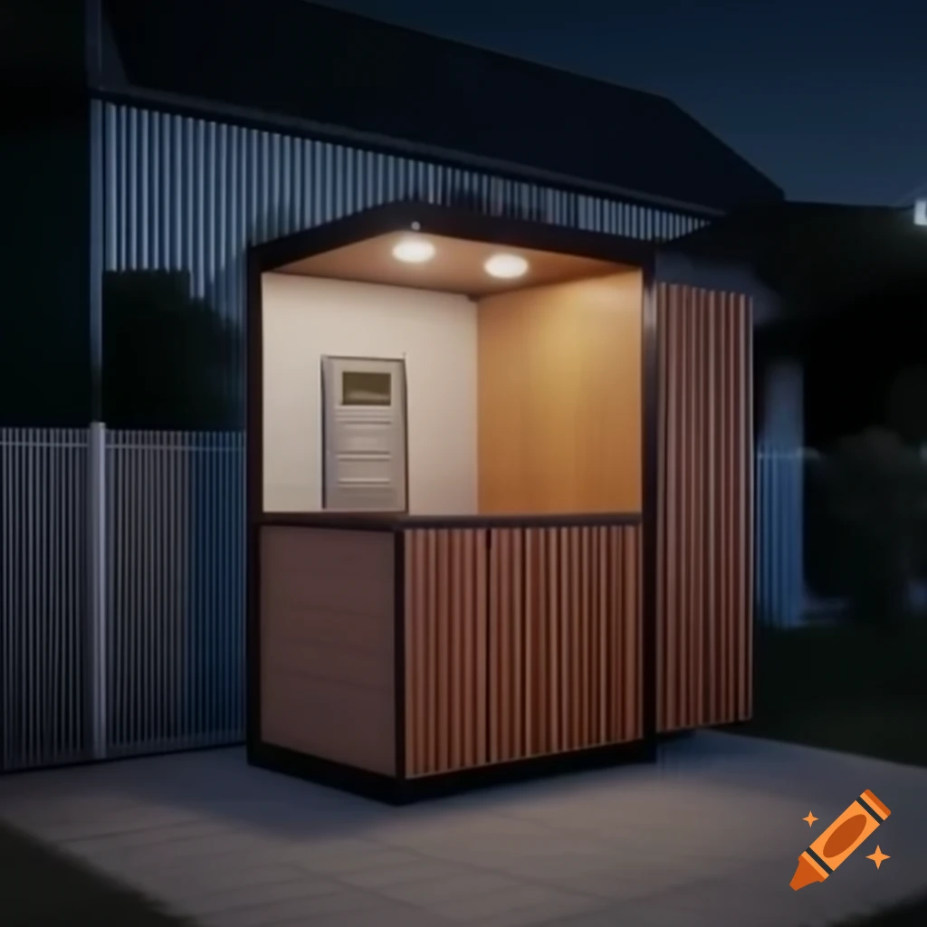 Secure compact kiosk made from metal and wood with solar panels on Craiyon