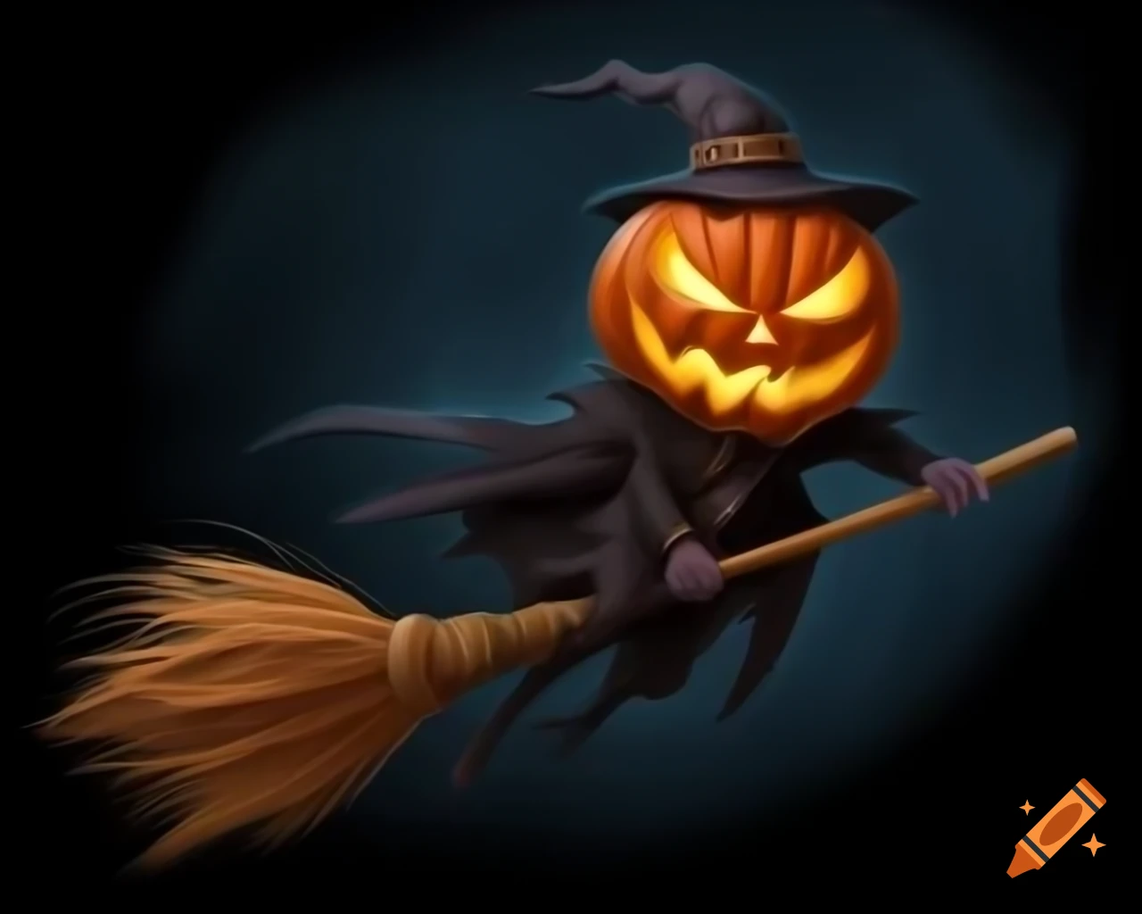 Sinister pumpkin character flying on broom in dark fantasy art on Craiyon
