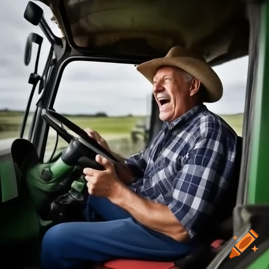 Farmer laughing while driving a tractor on Craiyon