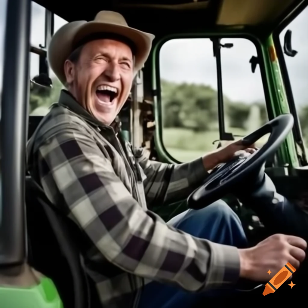 Farmer laughing while driving a tractor on Craiyon